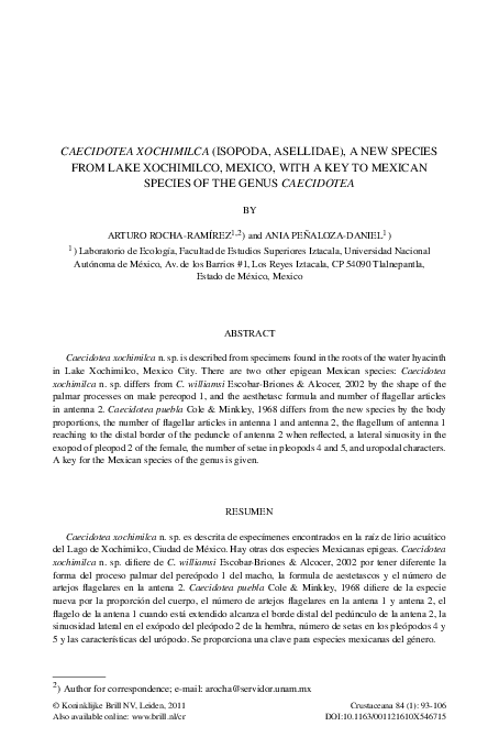 (PDF) Caecidotea Xochimilca (Isopoda, Asellidae), a New Species from ...