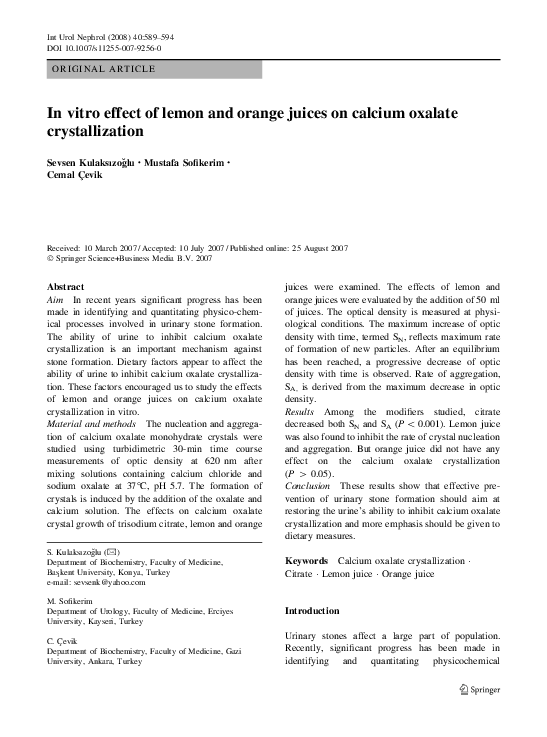 (PDF) In vitro effect of lemon and orange juices on calcium oxalate ...