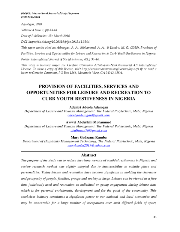 (PDF) Provision of Facilities, Services and Opportunities for Leisure ...
