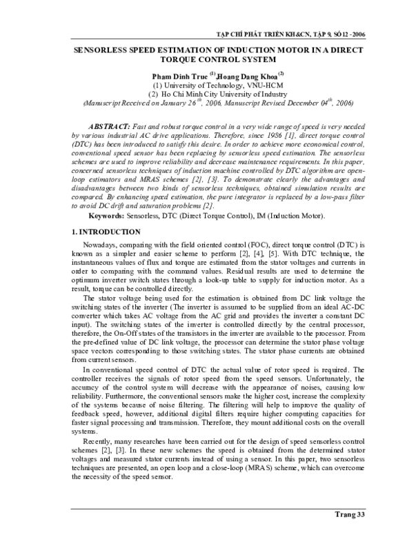 Pdf Sensorless Speed Estimation Of Induction Motor In A Direct Torque