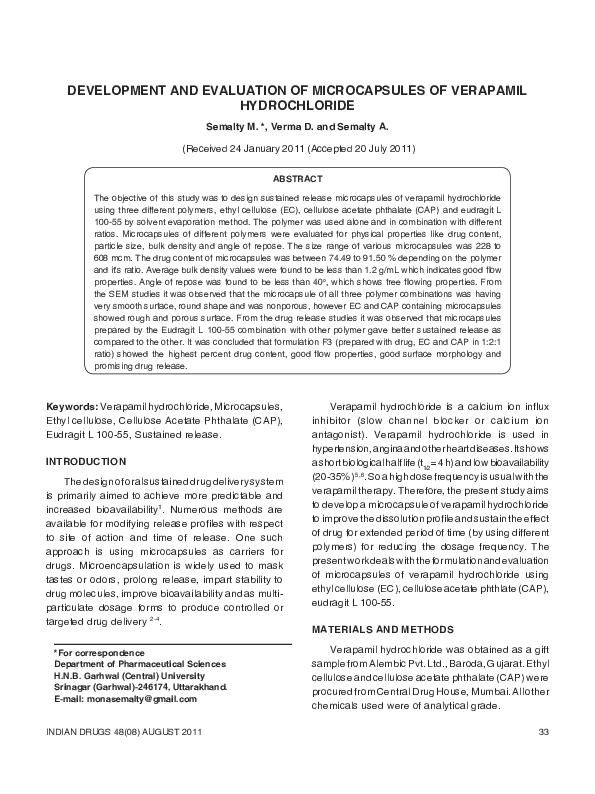 Pdf Sustained Release Microcapsules Of Verapamil