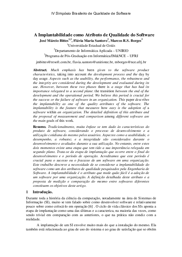 (PDF) A Implantabilidade como Atributo de Qualidade do Software