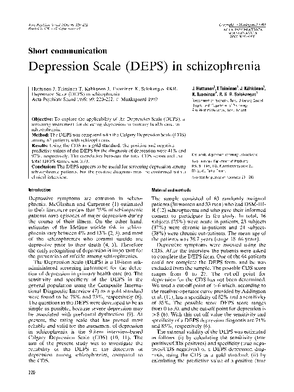 (PDF) Depression Scale (DEPS) in schizophrenia