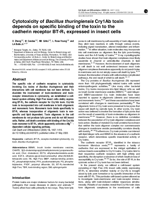 (PDF) Cytotoxicity of Bacillus thuringiensis Cry1Ab toxin depends on specific binding of the ...