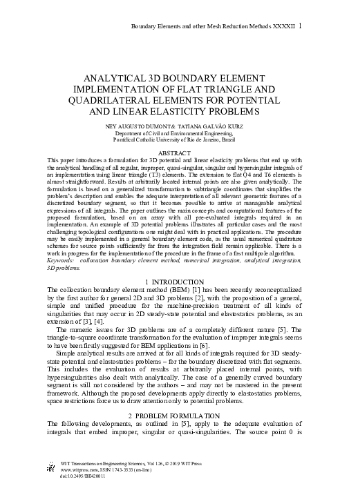 (PDF) Analytical 3D Boundary Element Implementation of Flat Triangle and Quadrilateral Elements ...