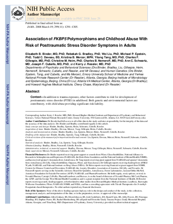 (PDF) Association of FKBP5 Polymorphisms and Childhood Abuse With Risk ...