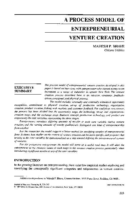(PDF) A process model of entrepreneurial venture creation