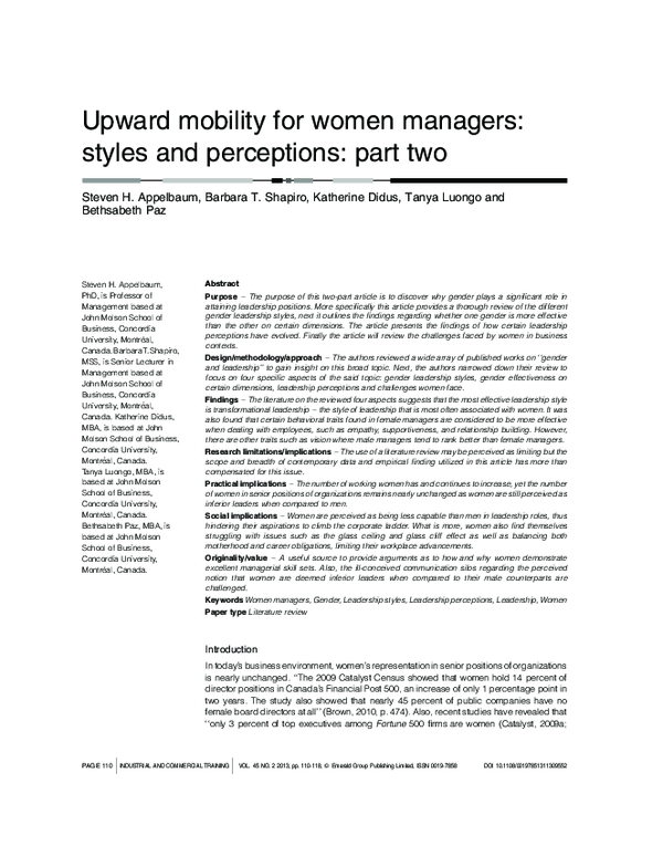 (PDF) Upward mobility for women managers: styles and perceptions: part 1