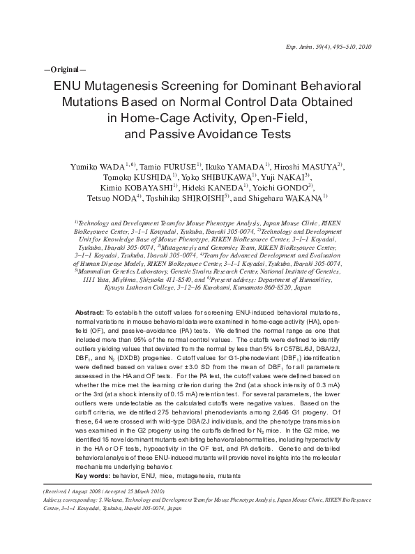 (PDF) ENU Mutagenesis Screening for Dominant Behavioral Mutations Based ...