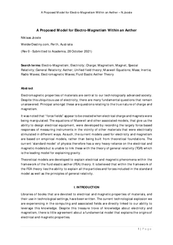 (PDF) A Proposed Model for Electro-Magnetism Within an Aether