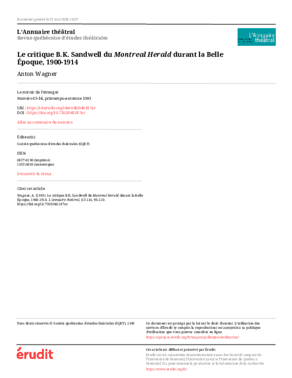 (PDF) Le critique B.K. Sandwell du Montreal Herald durant la Belle ...