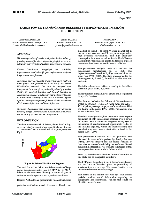 (PDF) Large Power Transformer Reliability Improvement in Eskom Distribution