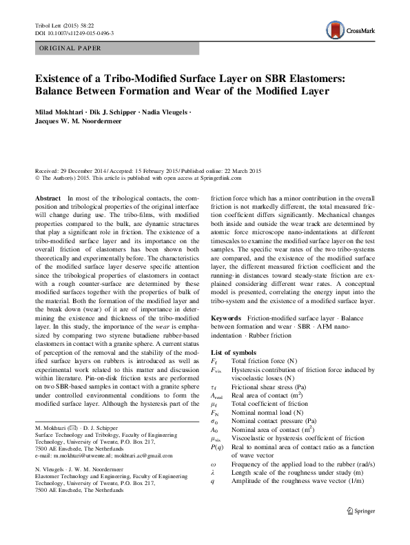 Pdf Existence Of A Tribo Modified Surface Layer On Sbr Elastomers