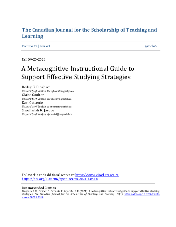 (PDF) A Metacognitive Instructional Guide to Support Effective Studying Strategies