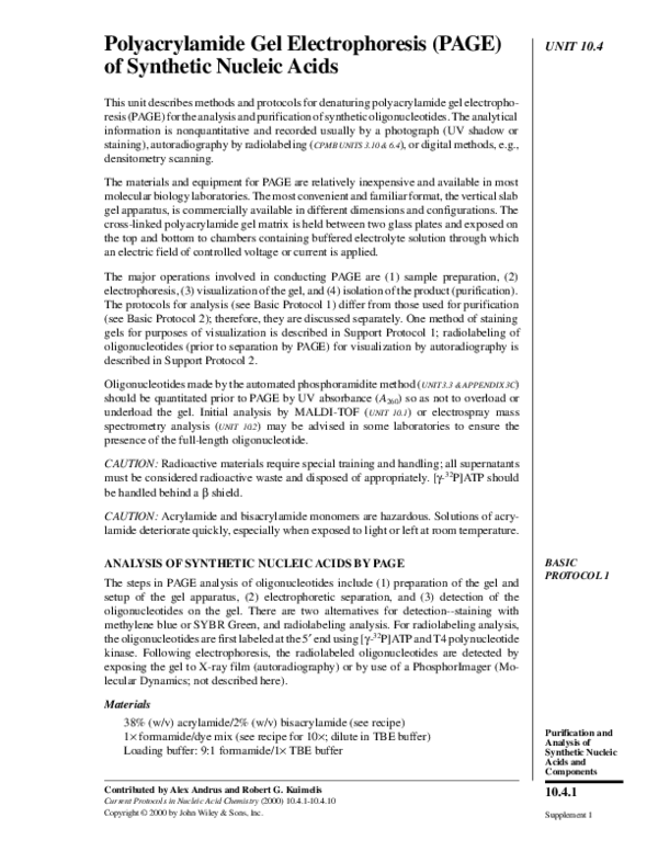 (PDF) Polyacrylamide Gel Electrophoresis (PAGE) of Synthetic Nucleic Acids
