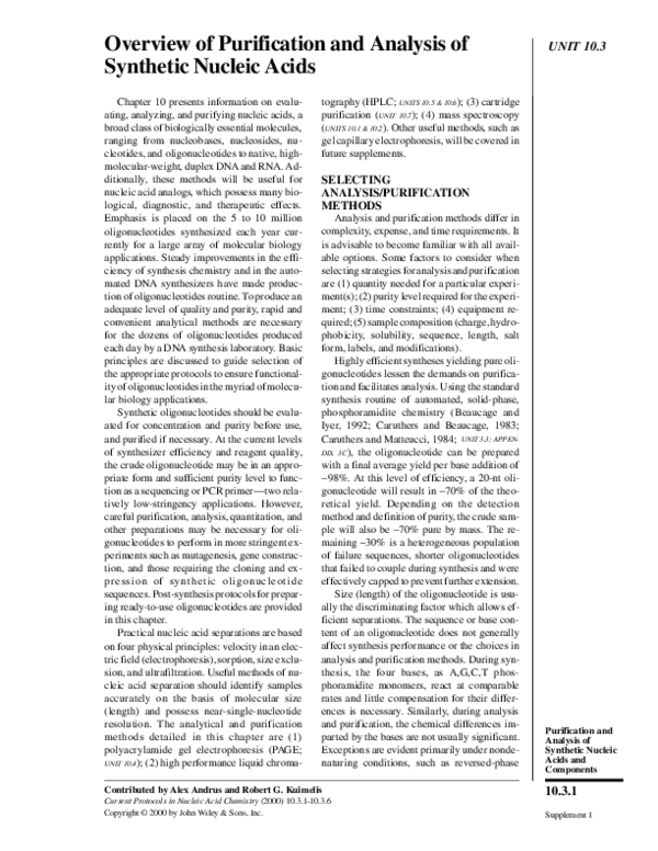 (PDF) Overview of Purification and Analysis of Synthetic Nucleic Acids