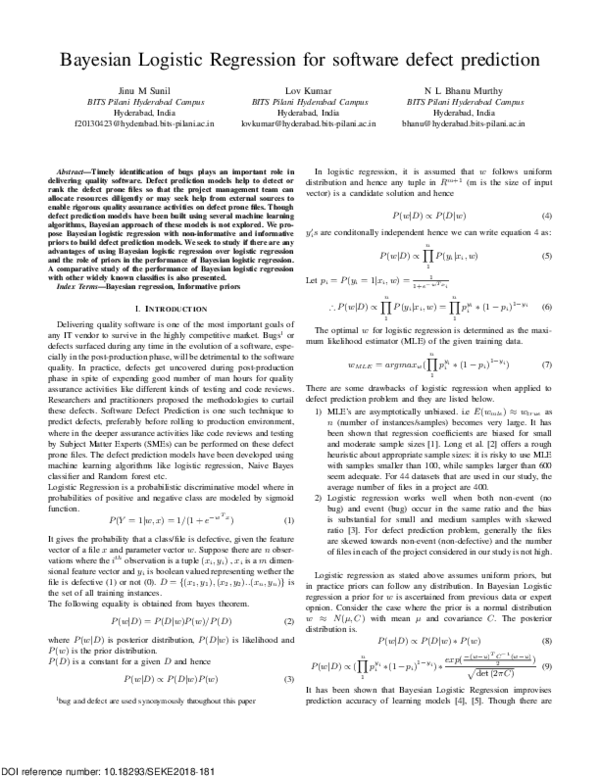 Pdf Bayesian Logistic Regression For Software Defect Prediction S Jinu Sunil