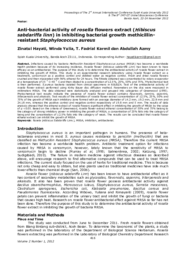 (PDF) Rosella Flower Extract Inhibits MRSA Growth