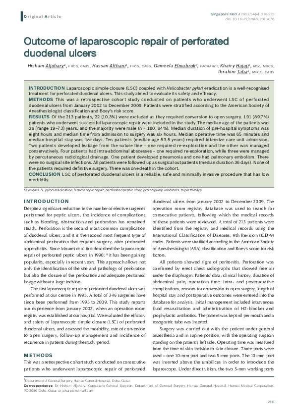 (PDF) Outcome of laparoscopic repair of perforated duodenal ulcers