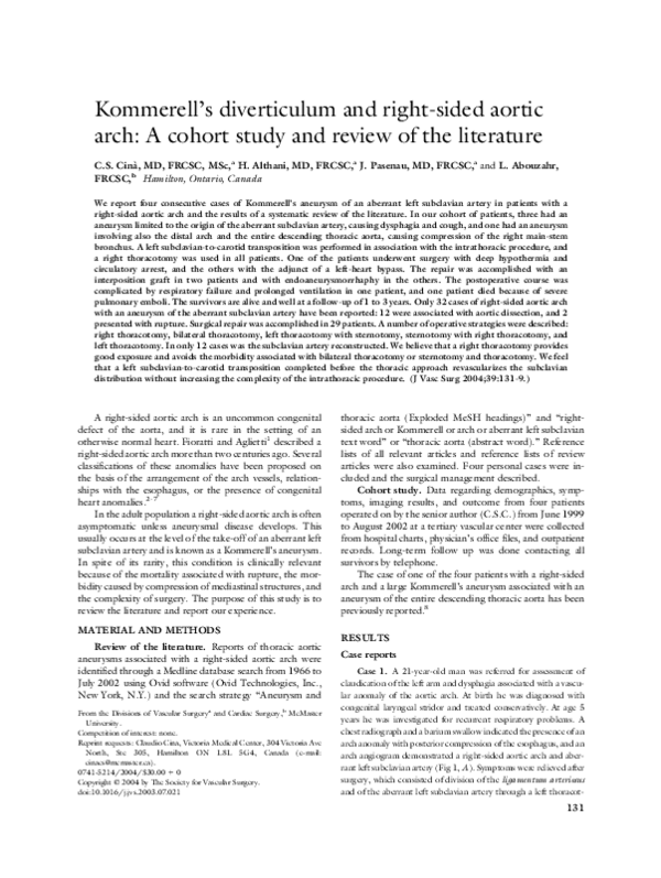 (PDF) Kommerell's diverticulum and right-sided aortic arch: a cohort ...