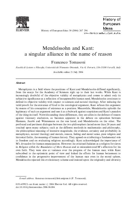 (PDF) Mendelssohn and Kant::: a singular alliance in the name of reason