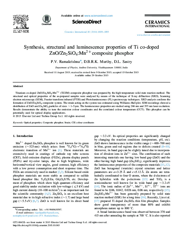 (PDF) Synthesis, structural and luminescence properties of Ti co-doped ZnO/Zn2SiO4:Mn2+composite ...