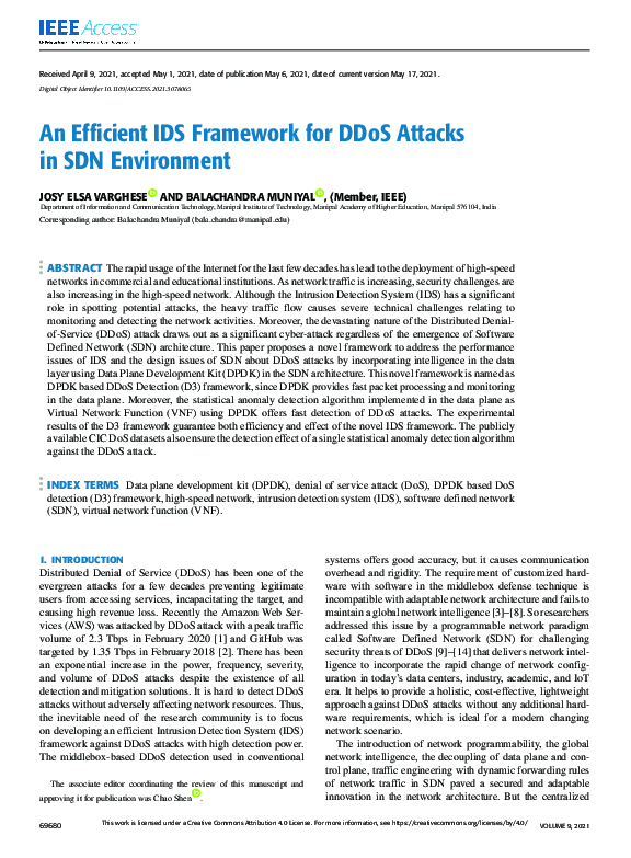 (PDF) An Efficient IDS Framework for DDoS Attacks in SDN Environment | josy varghese - Academia.edu
