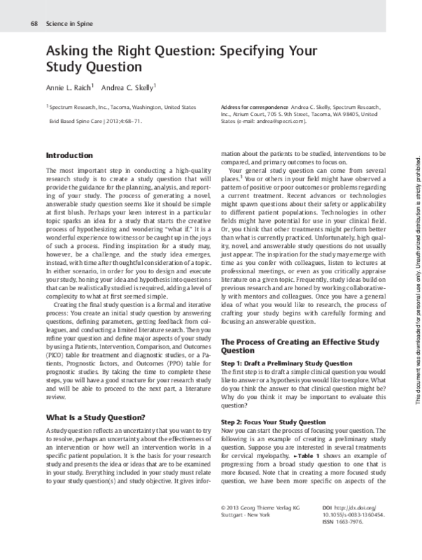 (PDF) Asking the Right Question: Specifying Your Study Question