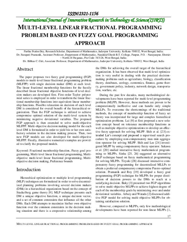 (PDF) Multilevel fractional programming problem based on fuzzy goal programming