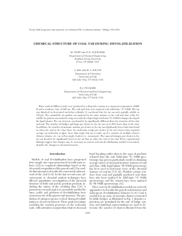 (PDF) Chemical structure of coal tar during devolatilization using ...