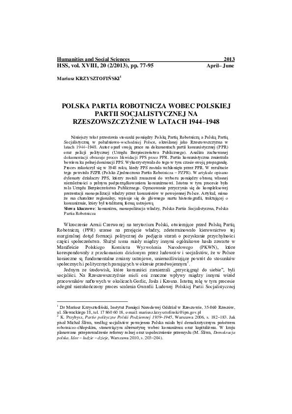 (PDF) Polska Partia Robotnicza Wobec Polskiej Partii Socjalistycznej Na Rzeszowszczyźnie W ...