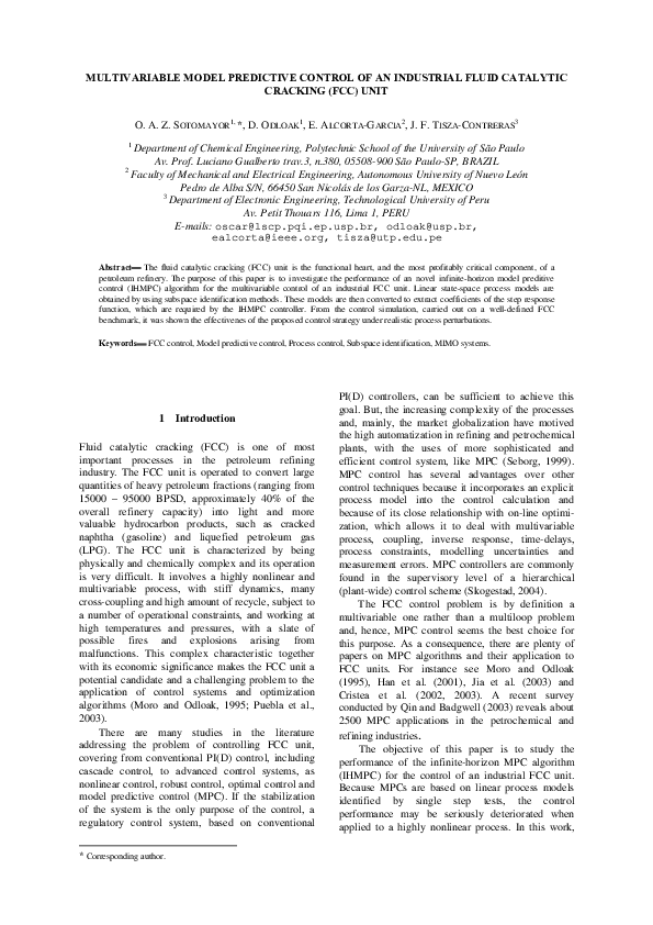 (PDF) Multivariable model predictive control of an industrial fluid catalytic cracking (FCC) unit