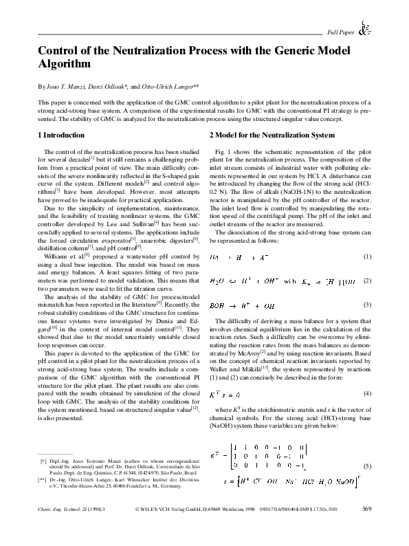(PDF) Control of the Neutralization Process with the Generic Model Algorithm