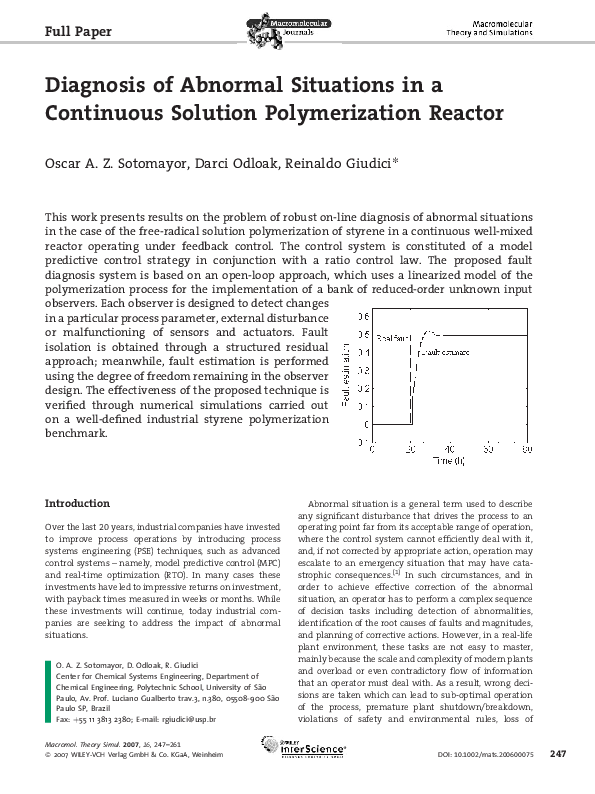 (PDF) Diagnosis of Abnormal Situations in a Continuous Solution ...