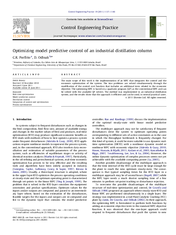 (PDF) Optimizing model predictive control of an industrial distillation column