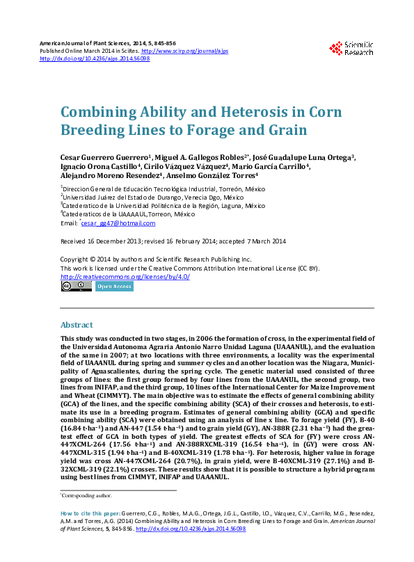 (PDF) Combining Ability and Heterosis in Corn Breeding Lines to Forage ...