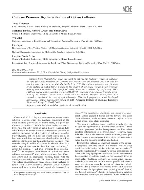 (PDF) Cutinase promotes dry esterification of cotton cellulose