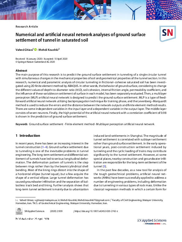 (PDF) Numerical and artificial neural network analyses of ground surface settlement of tunnel in ...