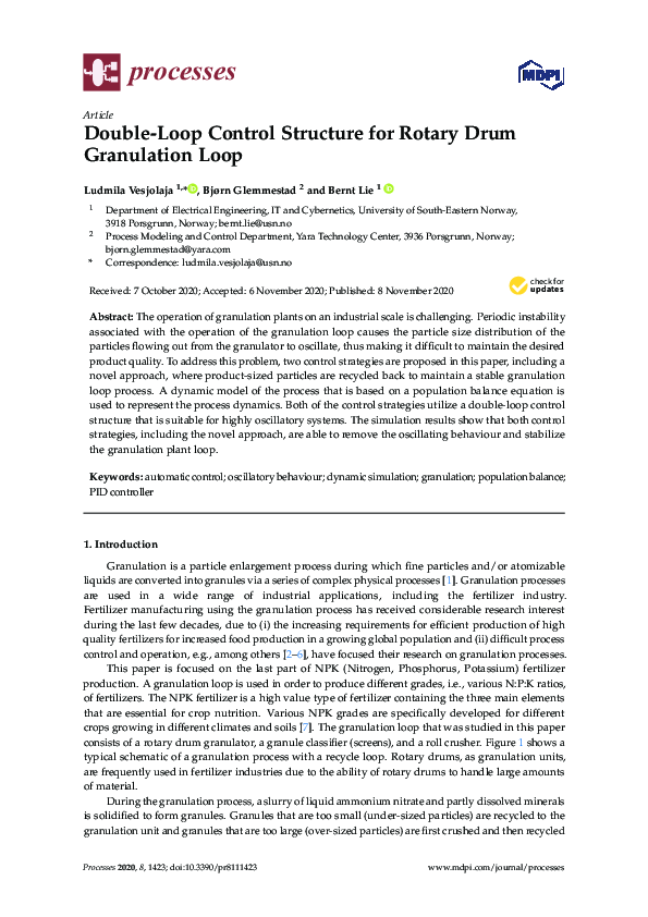 Pdf Double Loop Control Structure For Rotary Drum Granulation Loop