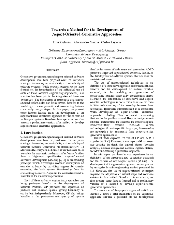 (PDF) Towards a method for the development of aspect-oriented generative approaches