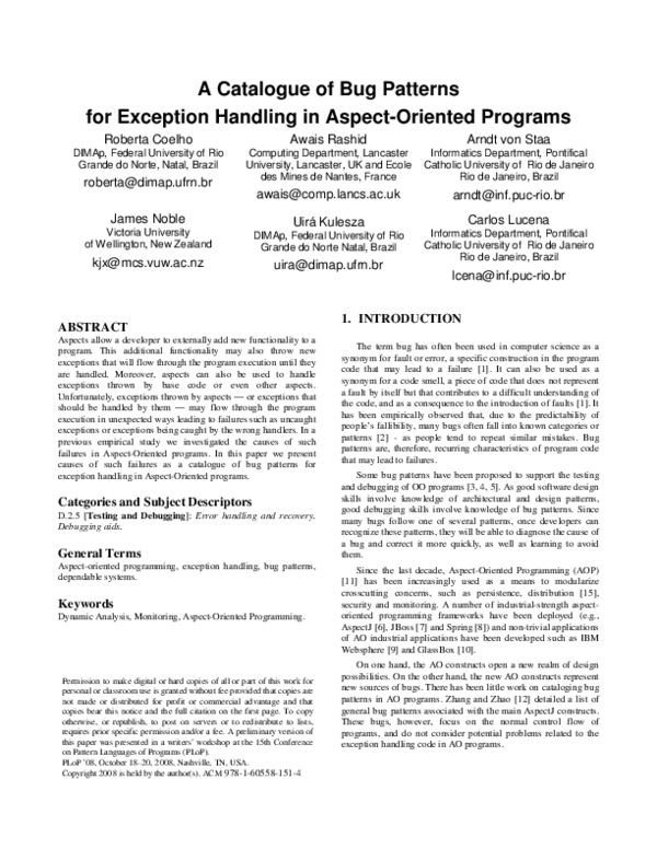Pdf Bug Patterns In Aspect Oriented Exception Handling