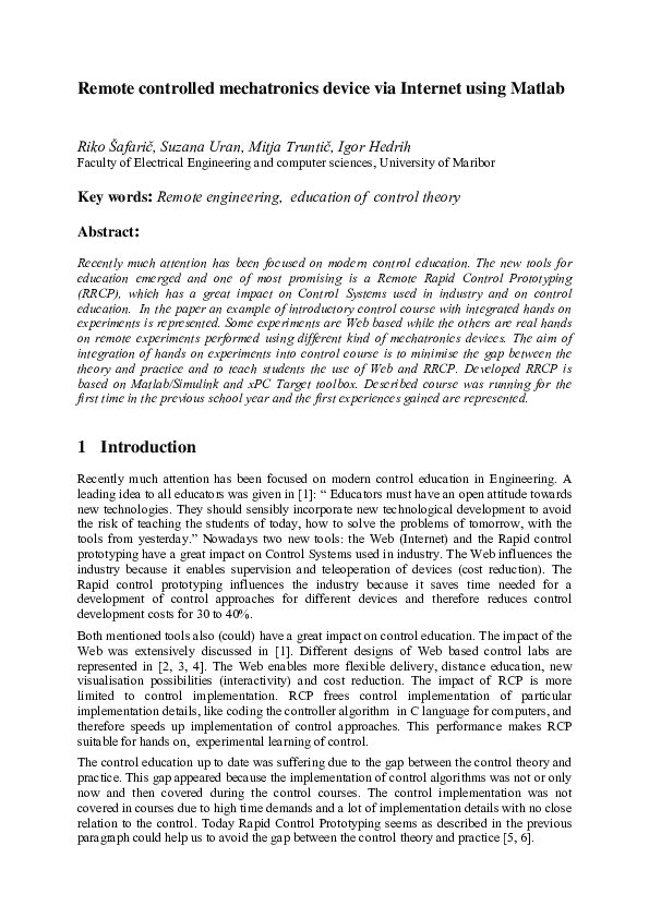 Pdf Remote Controlled Mechatronics Device Via Internet Using Matlab
