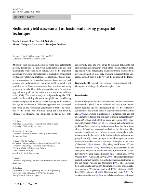 Pdf Sediment Yield Assessment At Basin Scale Using Geospatial Technique Saeedeh Nateghi
