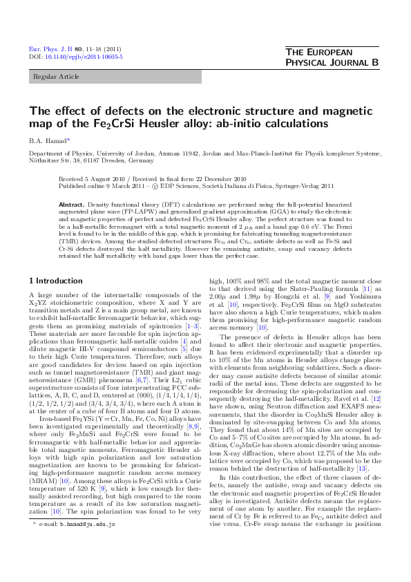 (PDF) The effect of defects on the electronic structure and magnetic map of the Fe2CrSi Heusler ...