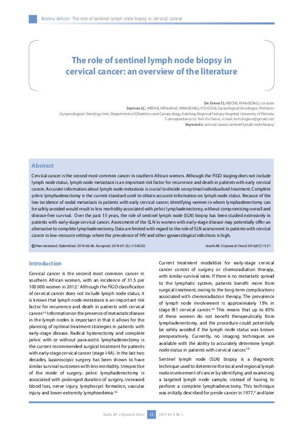 Pdf The Role Of Sentinel Lymph Node Biopsy In Cervical Cancer An