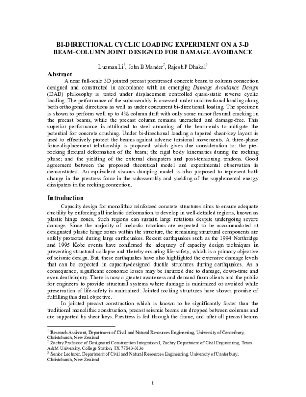 (PDF) Bidirectional Cyclic Loading Experiment on a 3D Beam–Column Joint ...