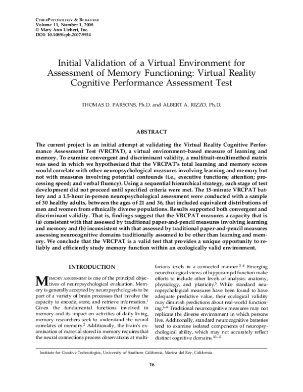 Pdf Initial Validation Of A Virtual Environment For Assessment Of Memory Functioning Virtual
