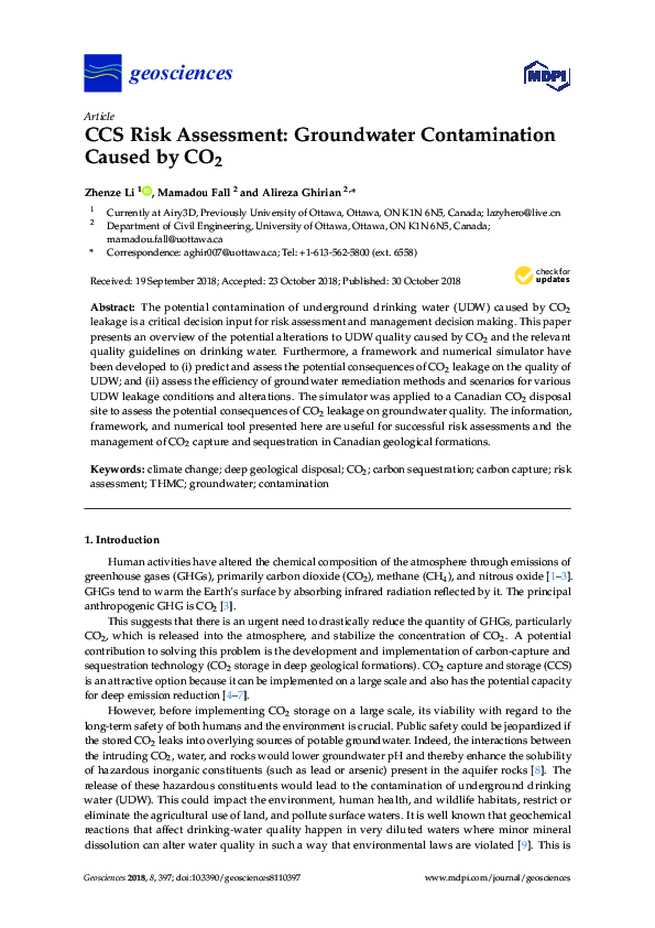 (PDF) CCS Risk Assessment: Groundwater Contamination Caused by CO2