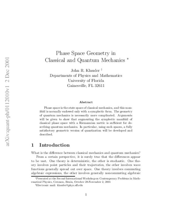 (PDF) Phase Space Geometry in Classical and Quantum Mechanics