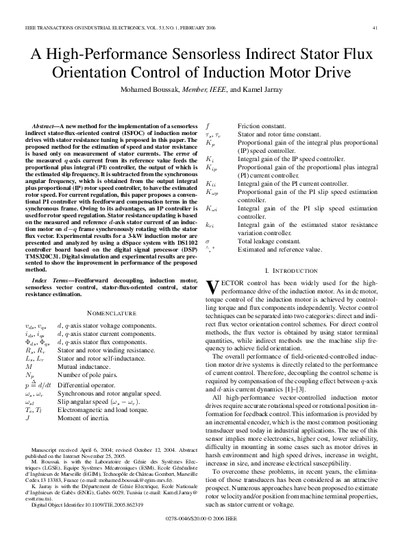 Pdf A High Performance Sensorless Indirect Stator Flux Orientation